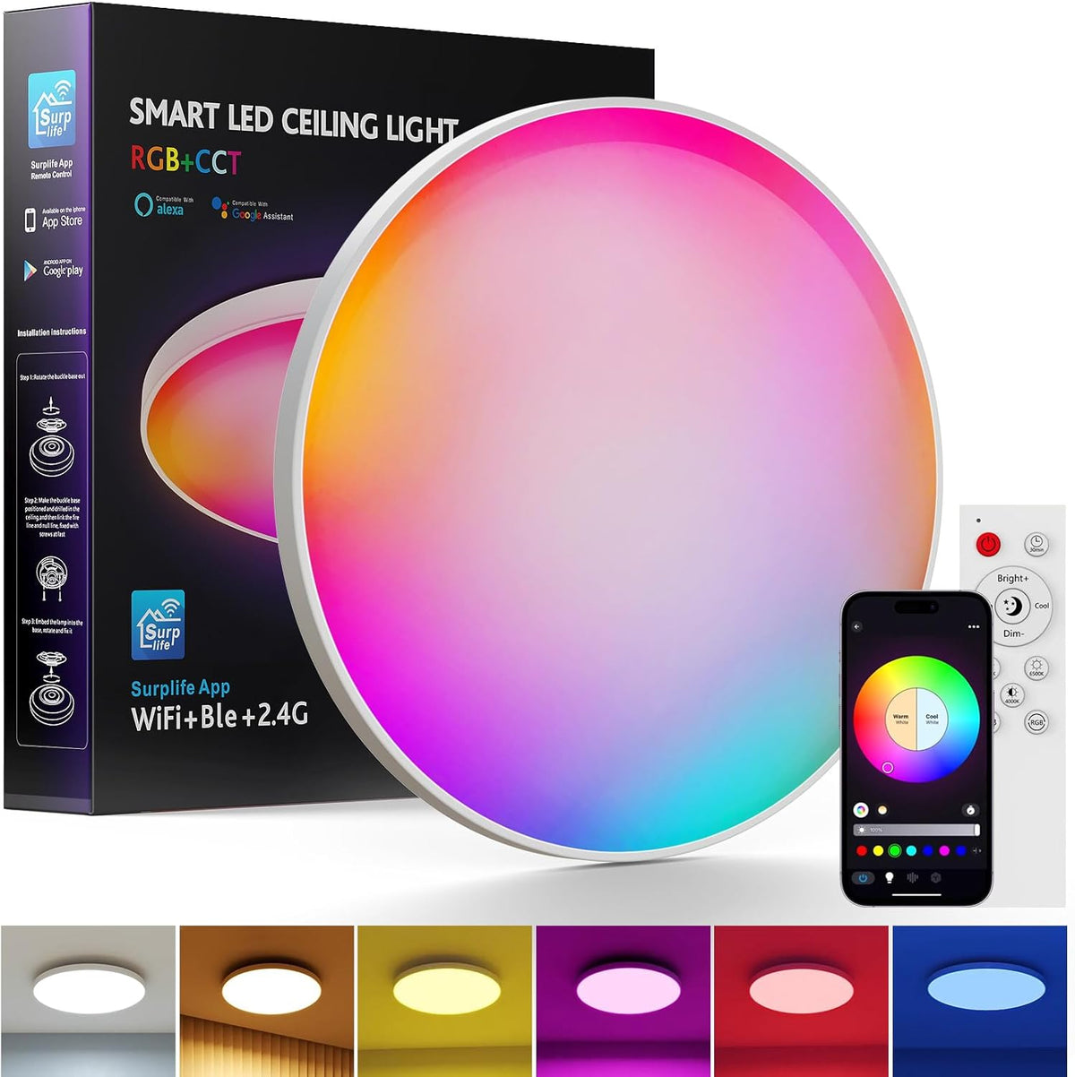 12-in 30W Smart RGB+CCT Ceiling Lights WiFi & Bluetooth Works with Ale ...