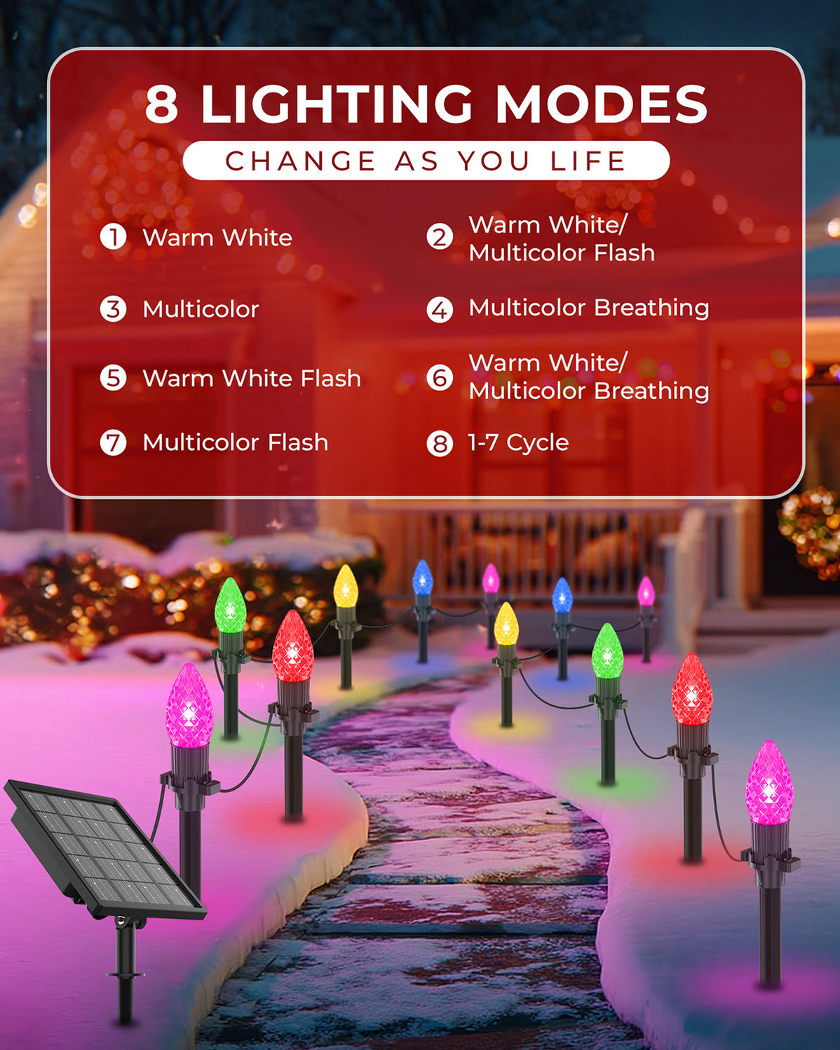 2-in-1 Solar C9 LED Christmas Lights 50FT 25 LED with Ground Stakes ...