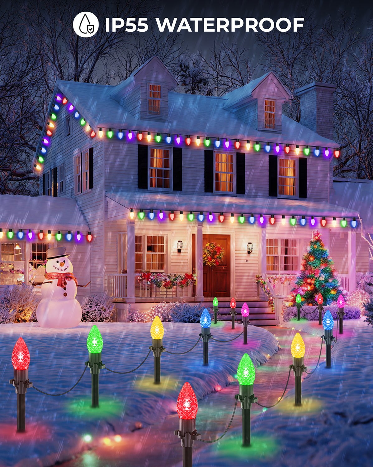 2-in-1 Solar C9 LED Christmas Lights 50FT 25 LED with Ground Stakes ...