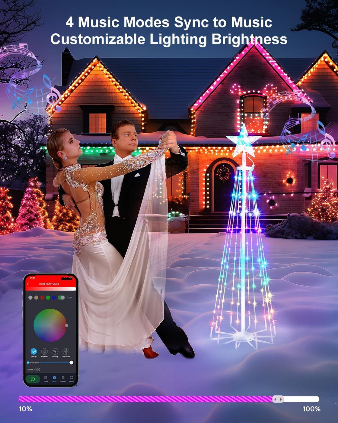 4ft 110 LEDs Outdoor Christmas Cone Tree Lights Music Sync with APP Co ...