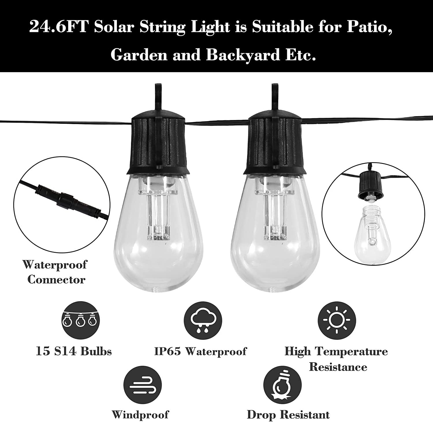 S14 RGB LED Solar String Lights 25FT/7.5M 15Bulbs — AvatarControls