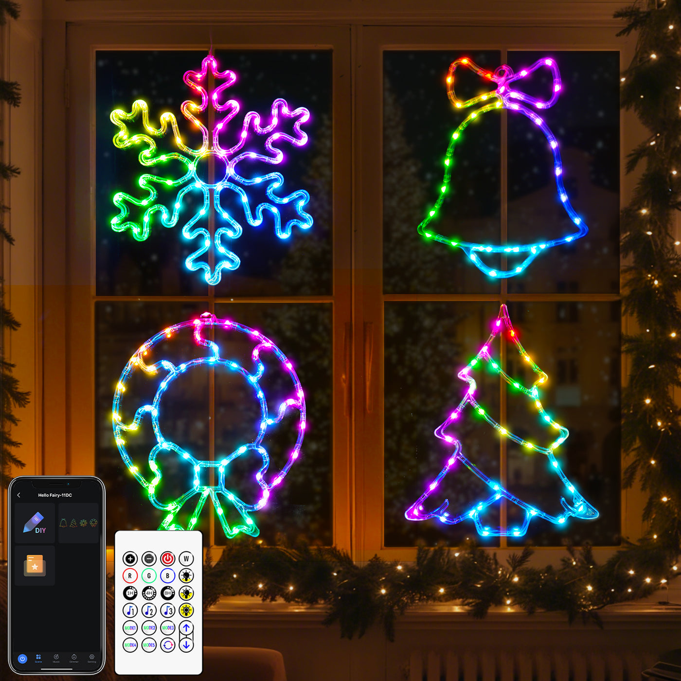 Christmas Window Lights Snowflake + Bell + Wreath + Tree (Set of 4 ...