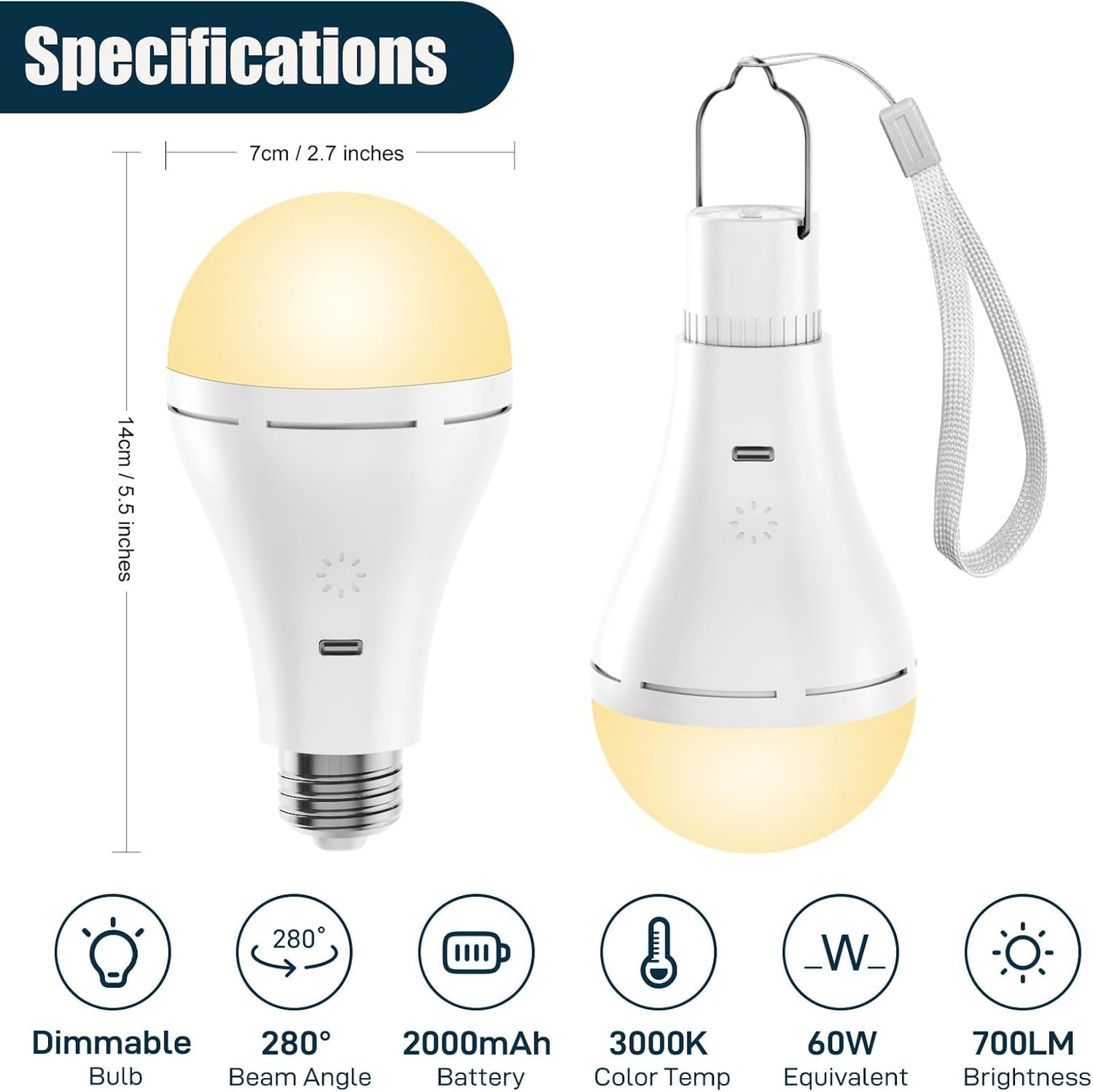 E26/E27 Rechargeable Light Bulb with Remote and Timer, Battery Backup ...