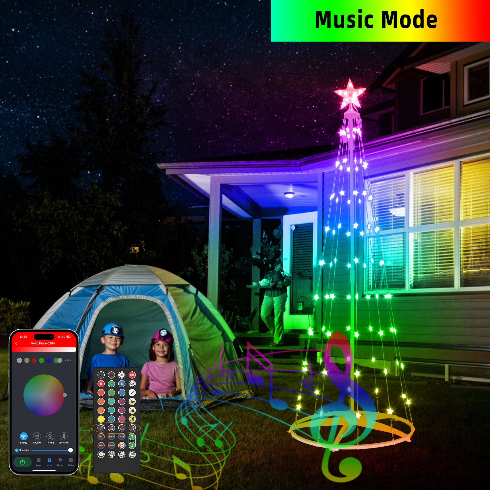 6-ft/7-ft Smart Christmas Cone Tree Star String Lights USB-powered 202 ...