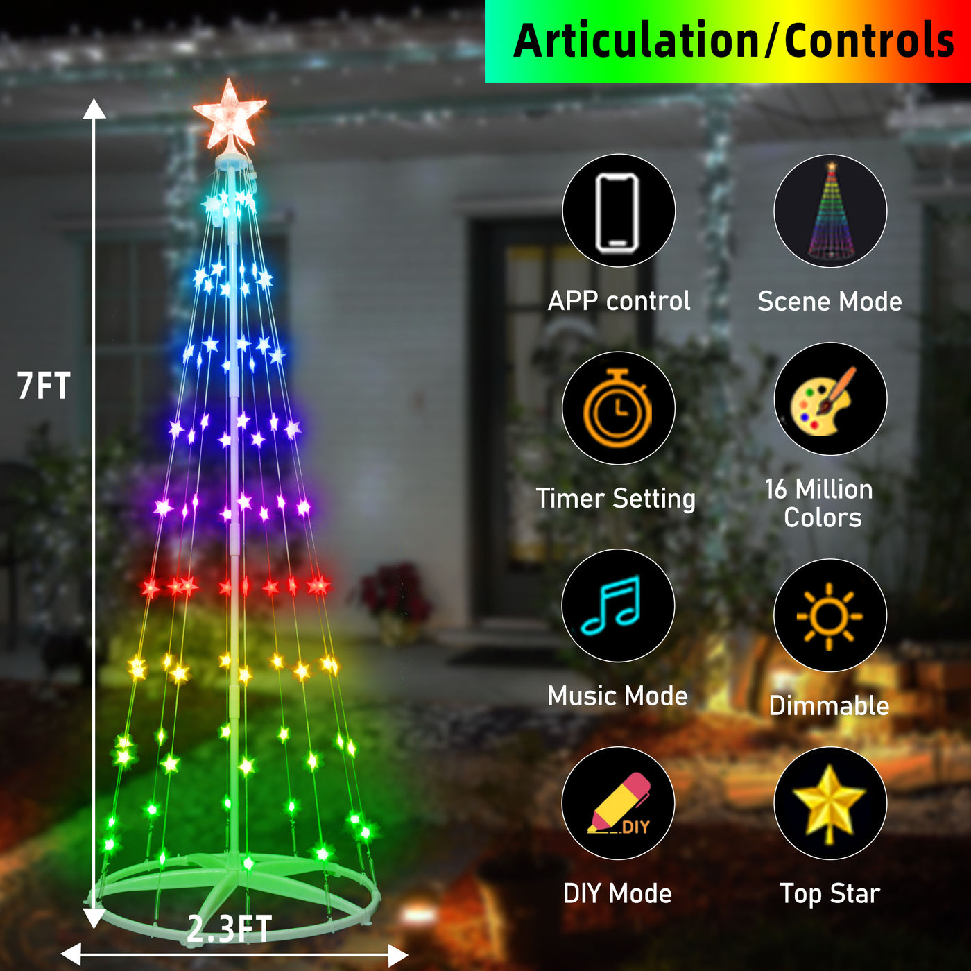 6-ft/7-ft Smart Christmas Cone Tree Star String Lights USB-powered 202 ...
