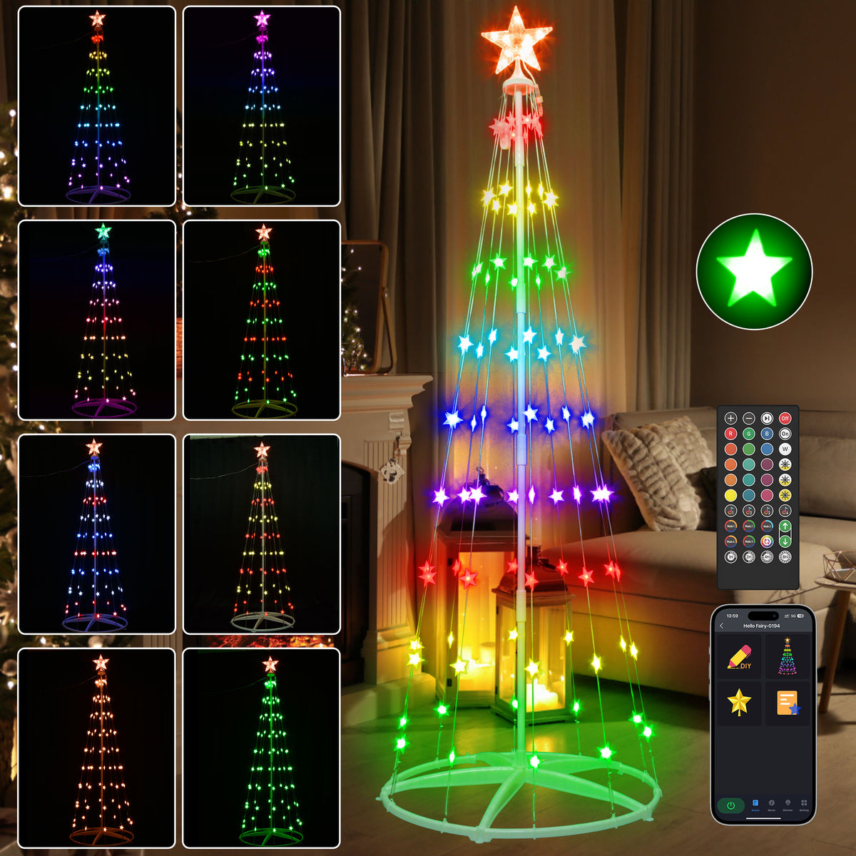6-ft/7-ft Smart Christmas Cone Tree Star String Lights USB-powered 202 ...