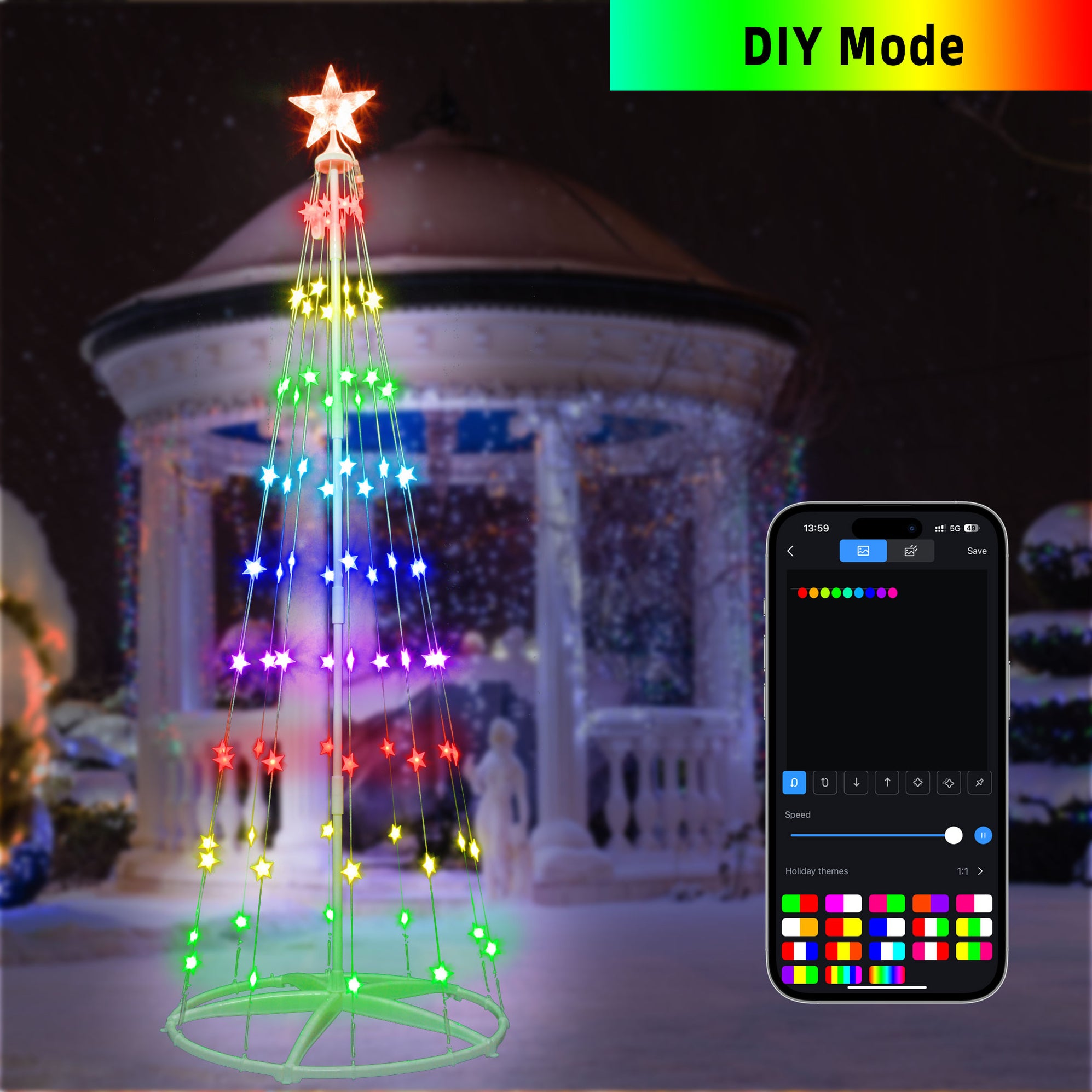 6-ft/7-ft Smart Christmas Cone Tree Star String Lights USB-powered 202 ...